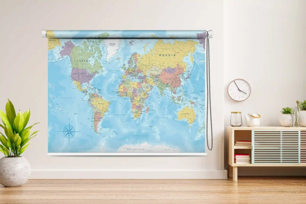 World Map Printed Roller Window Blind - Parker Window Blinds
